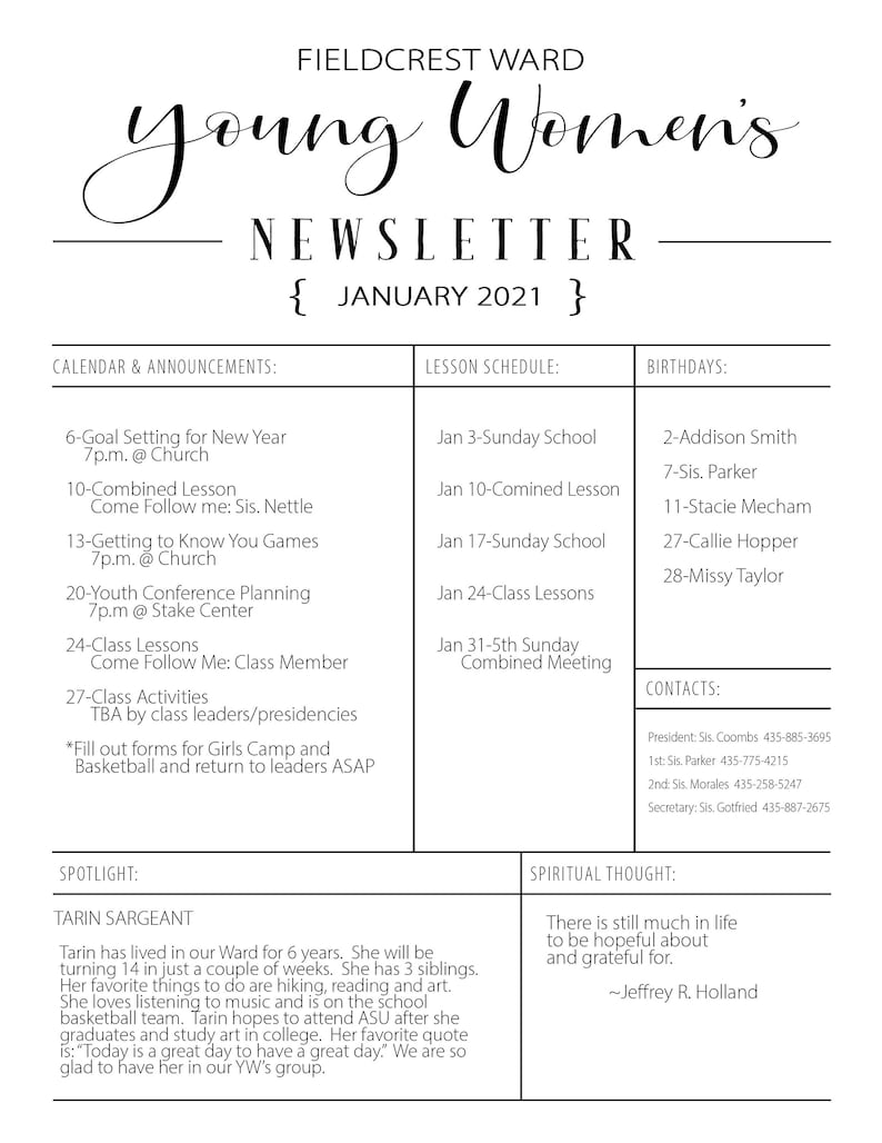 Young Women Newsletter-editable-instant Download-easy to Use - Etsy