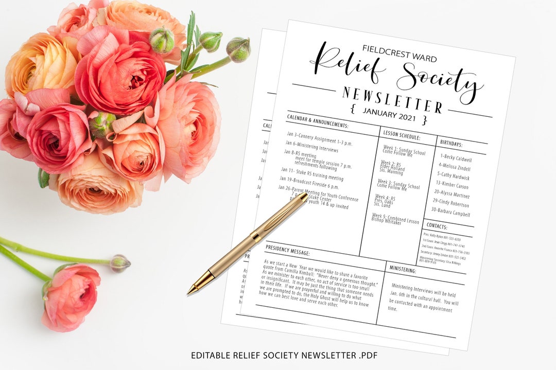 Relief Society Newsletter-editable-instant Download-easy to Use .pdf ...