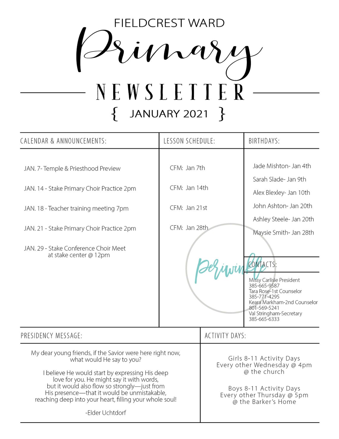 Primary Newsletter-editable-instant Download-easy to Use .pdf-lds ...