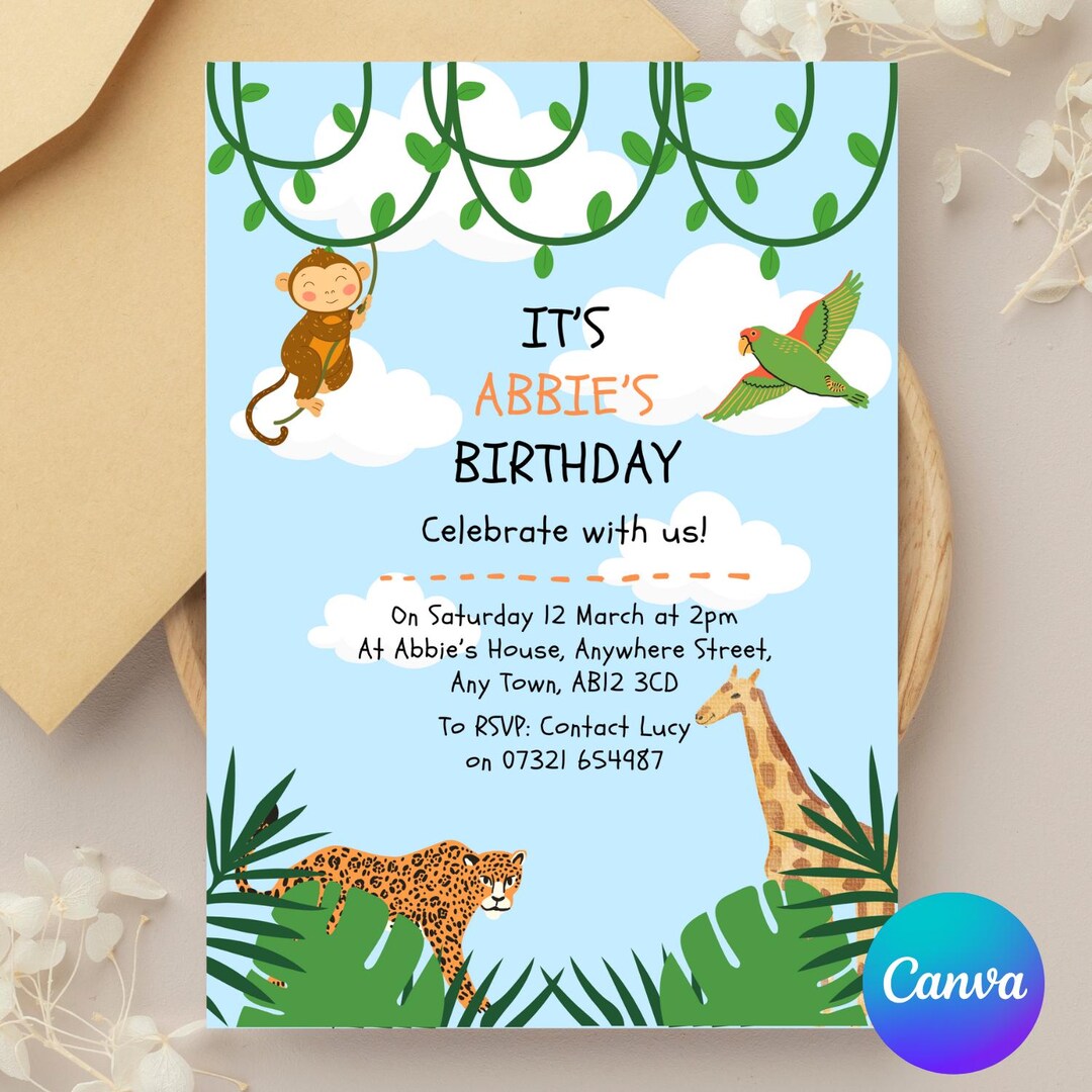 Editable Jungle Birthday Invitation Digital Template Instant Download ...