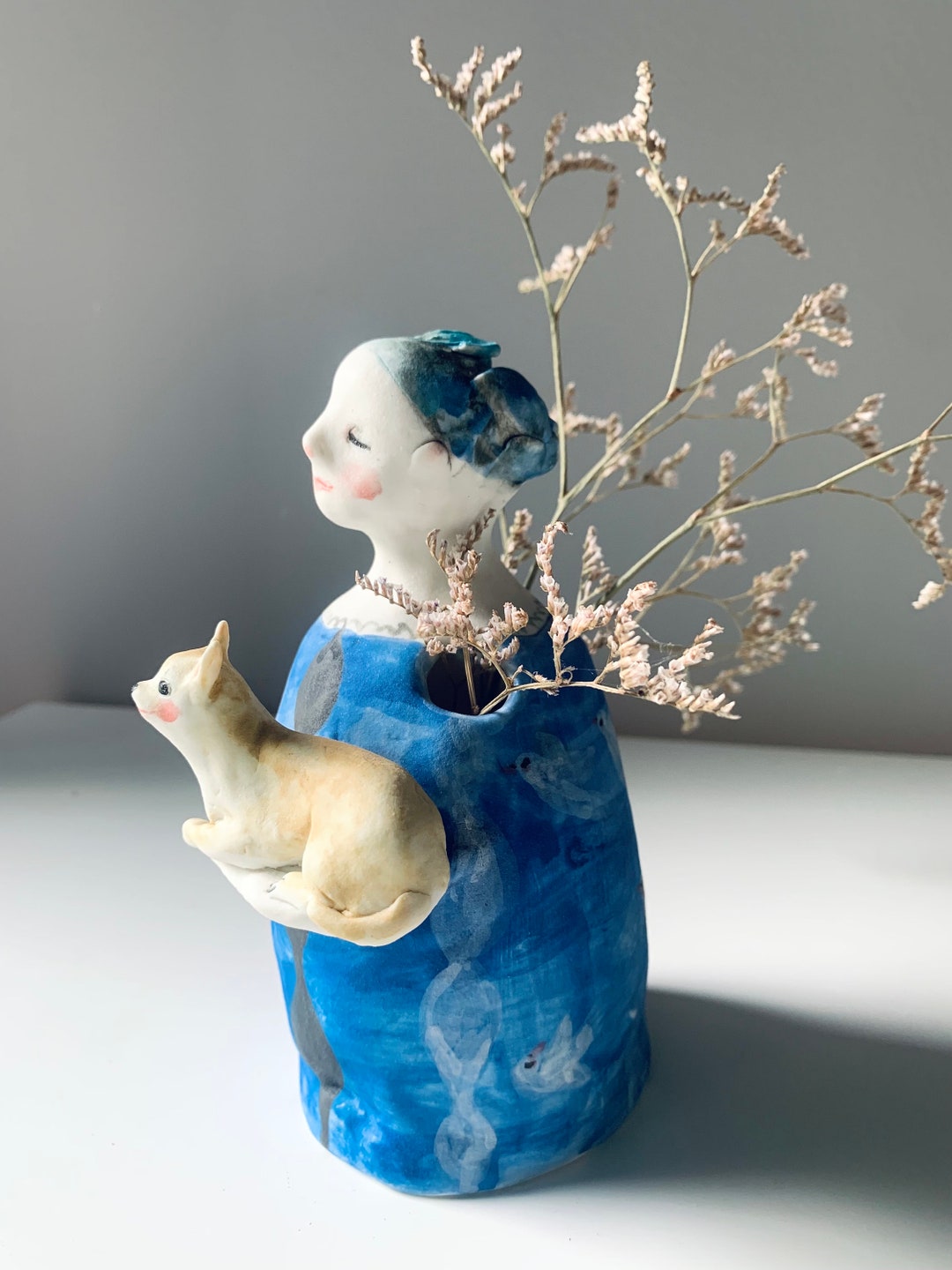 Vase-person thr Blue Dress and Her Furry Friend - Etsy