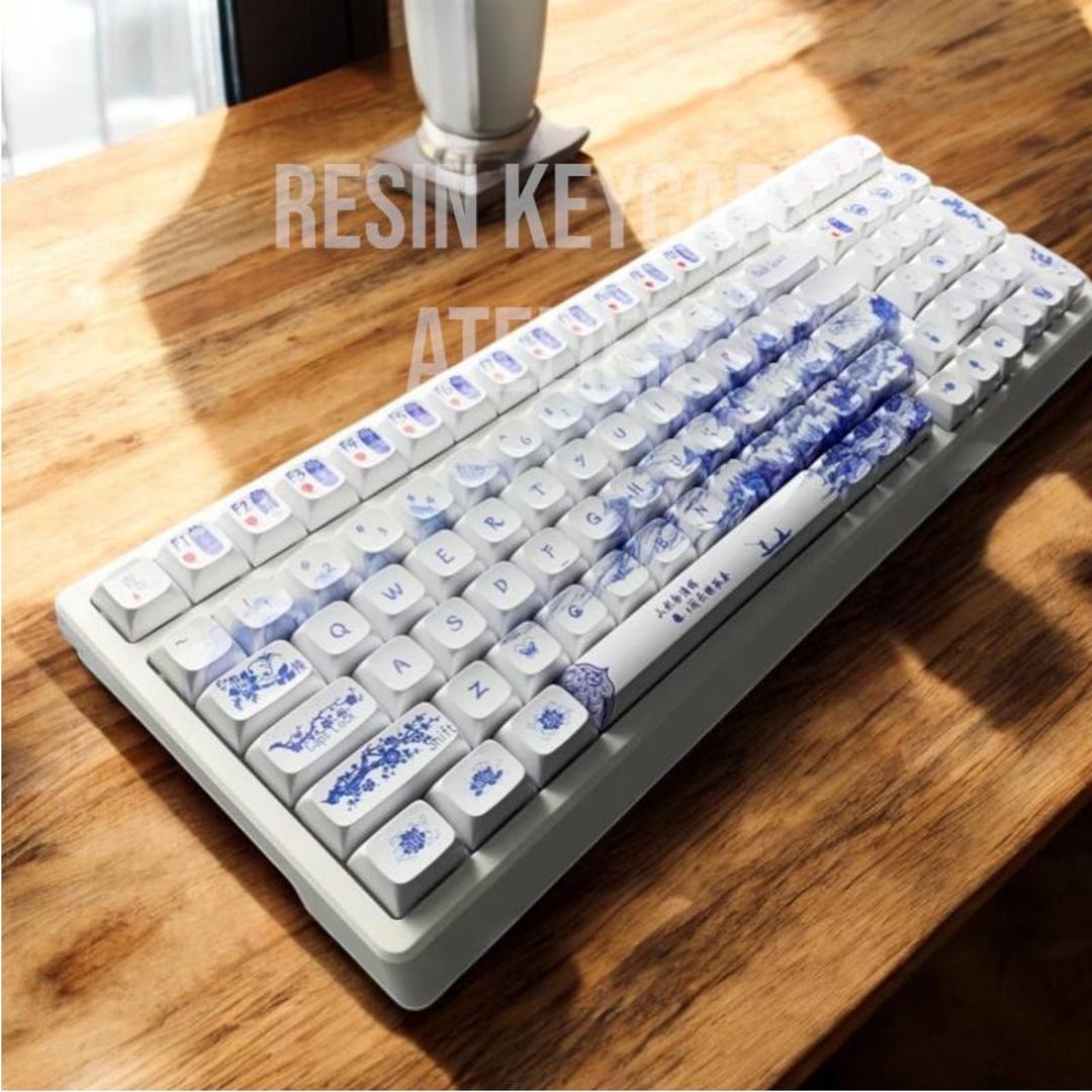 Resin Keycaps Set - 134/124 Keys - Cherry MX Compatible - Blue & White ...