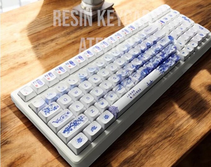 Resin Keycaps Set - 134/124 Keys - Cherry MX Compatible - Blue & White ...