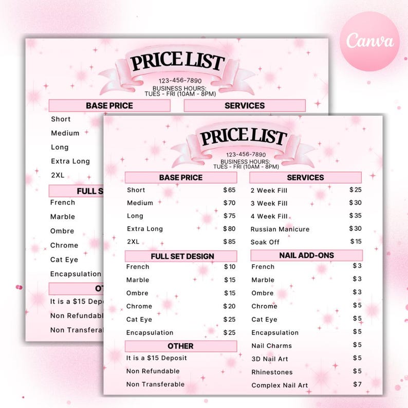 Editable Pink DIY Nail Salon Price List Template (canva) - Etsy