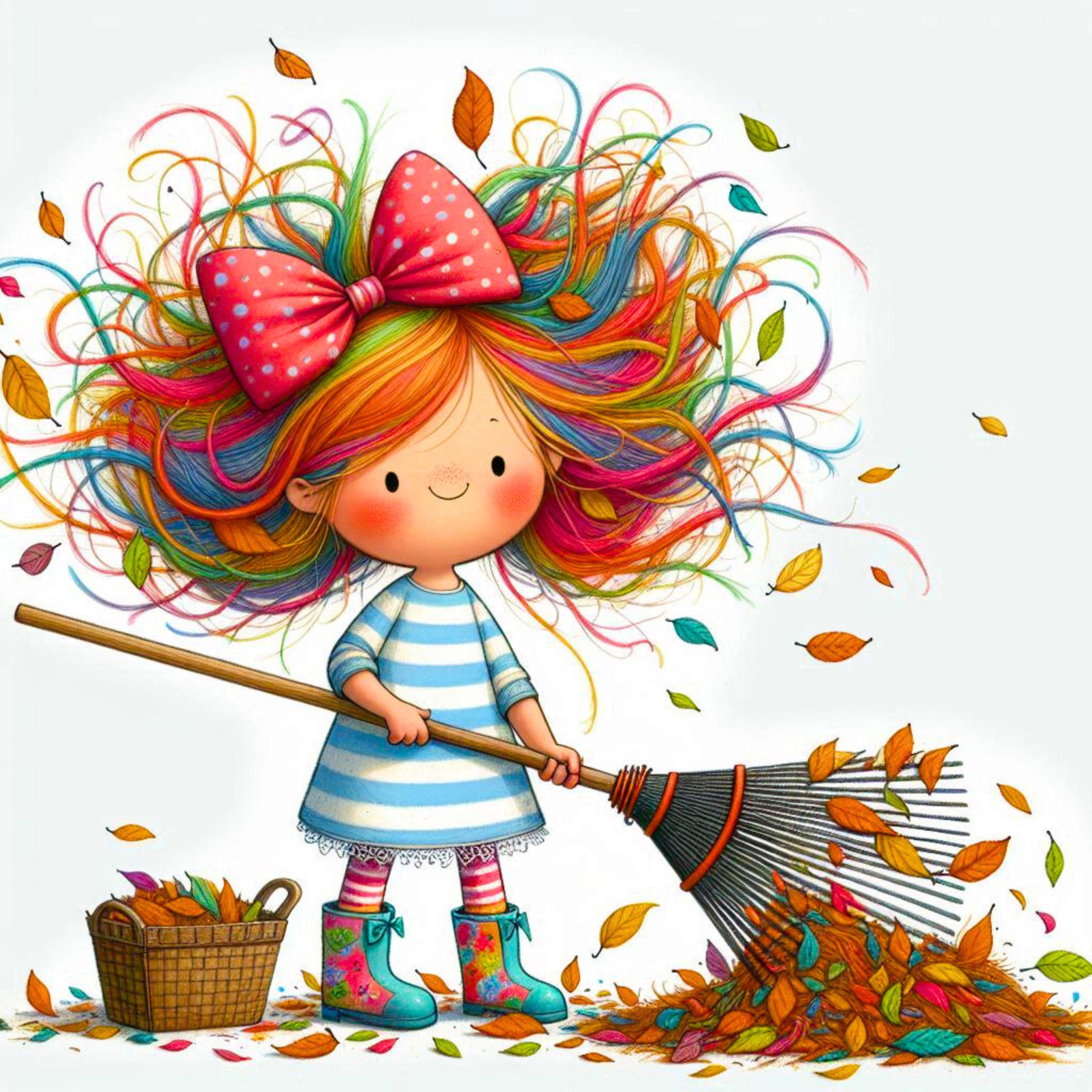 10 Cute Autumn Quirky Girl Raking Leaves Clipart JPG, Fall Cleaning ...