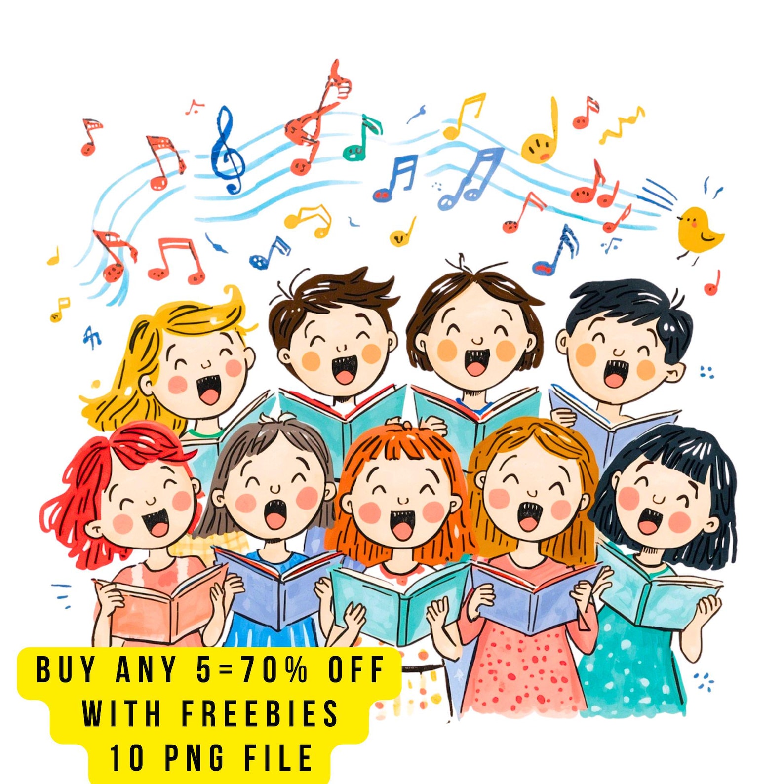 10 Kids Choir Singing Clipart, Children Music PNG Bundle Clip Art ...