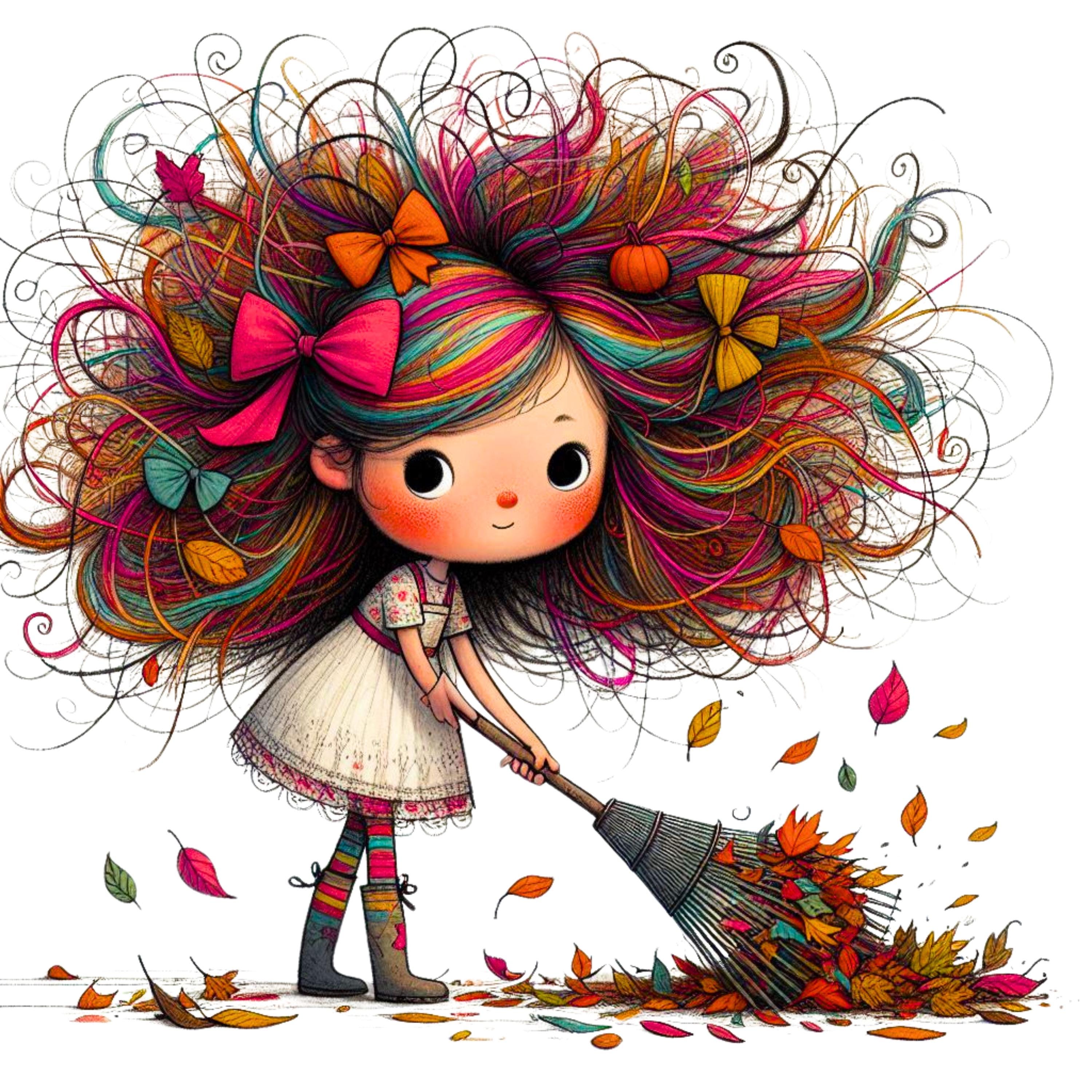 10 Cute Autumn Quirky Girl Raking Leaves Clipart JPG, Fall Cleaning ...