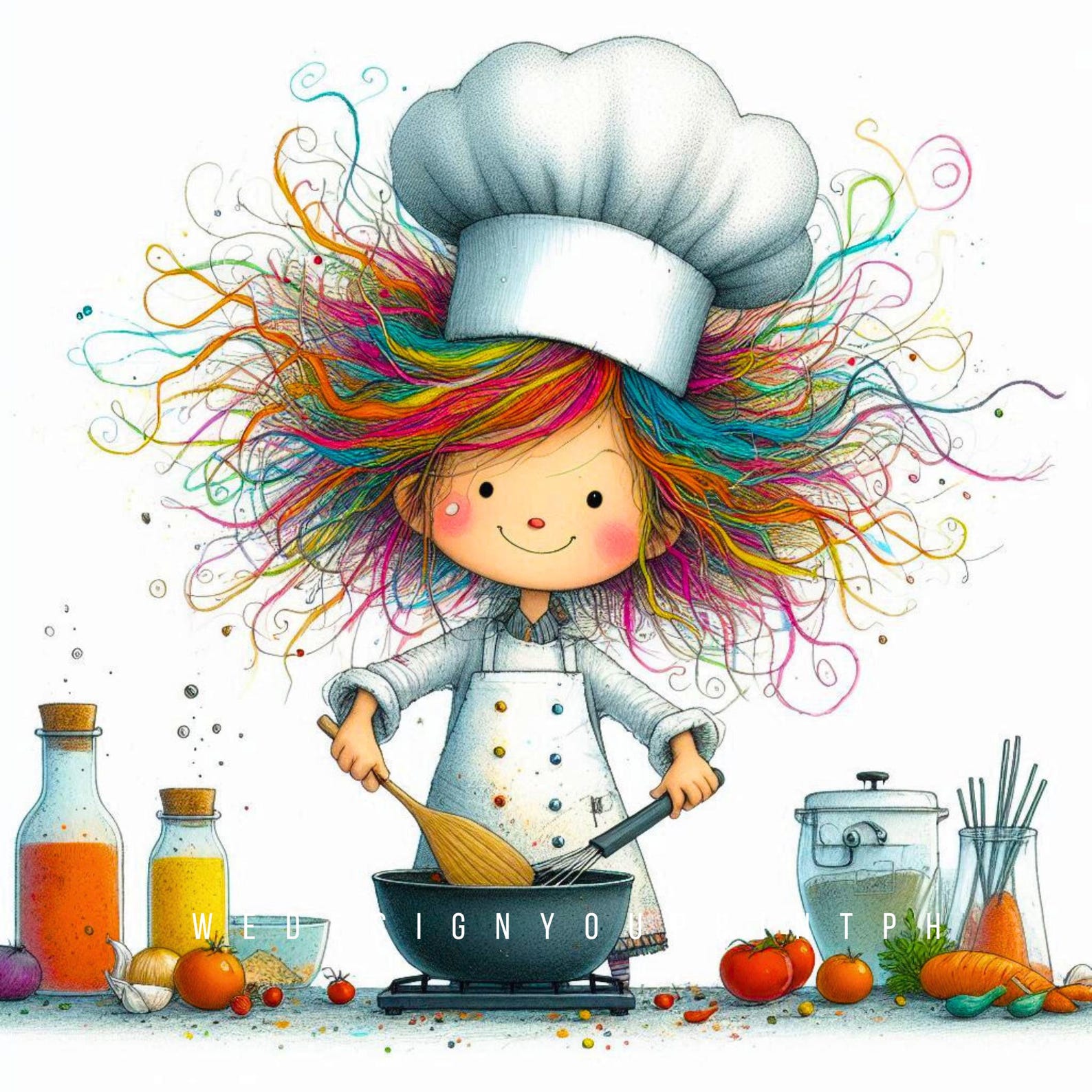 10 Cute Quirky Chef Girl Clipart JPG, Colorful Hair Little Chef Cook ...