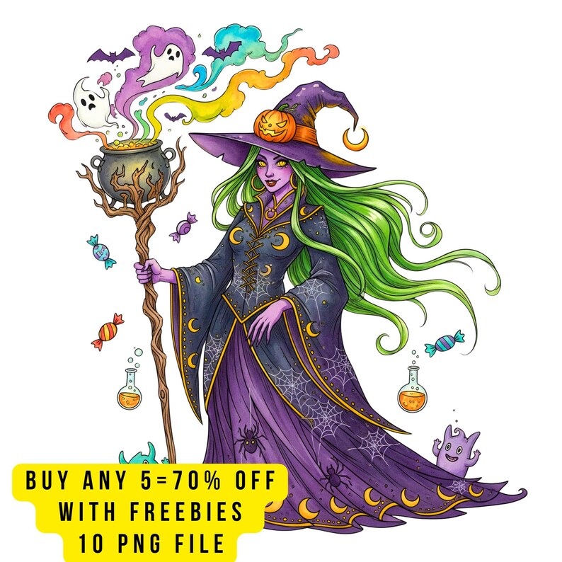 10 Halloween Witch Clipart PNG, Magical Witch With Pumpkin Broomstick ...
