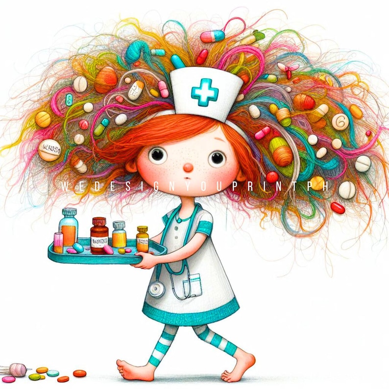 10 Cute Quirky Nurse Clipart JPG, Rainbow Hair Girl Doctor Clip Art JPG ...