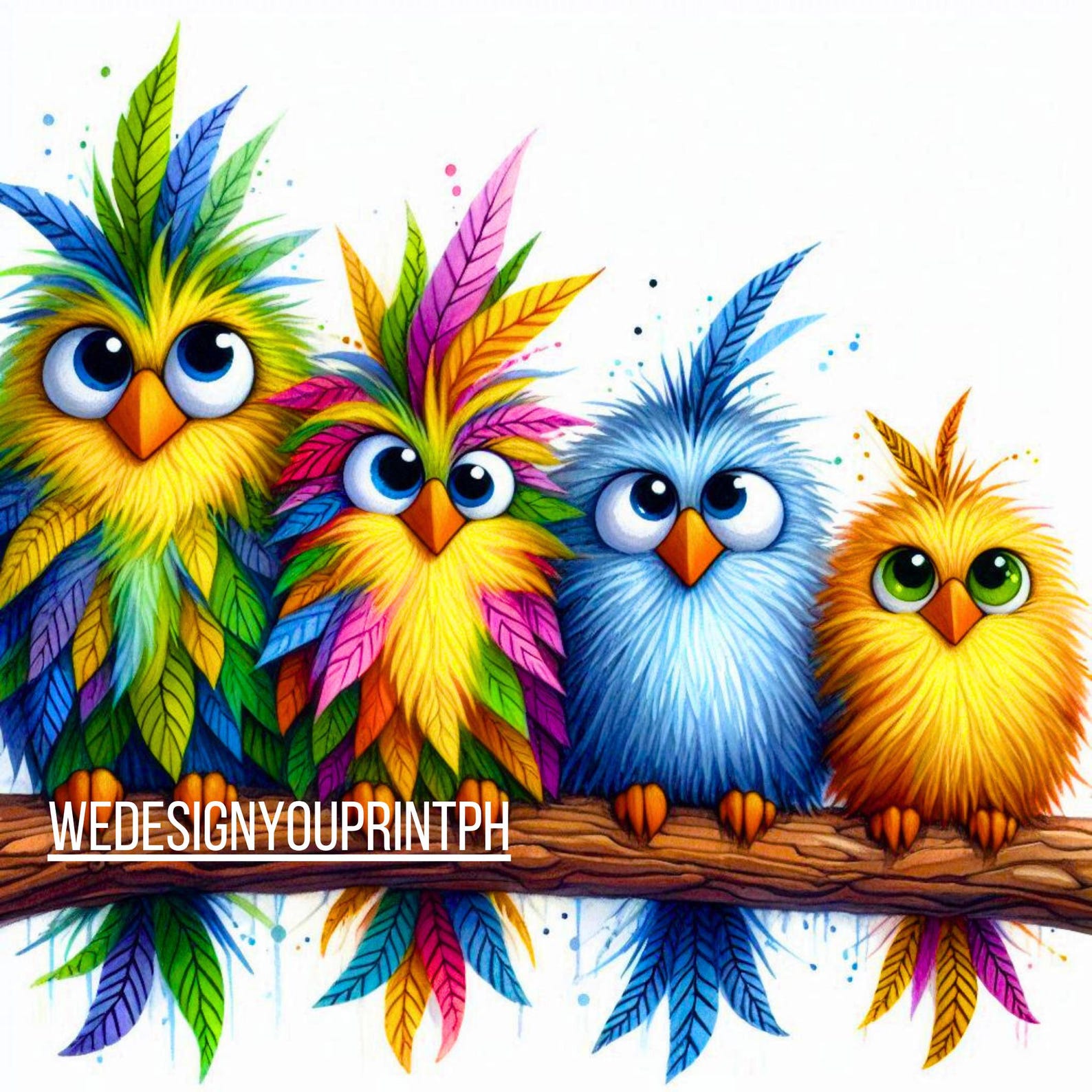 10 Colorful Quirky Bird Clipart JPG, Cute Whimsical Feathered Big Eyed ...