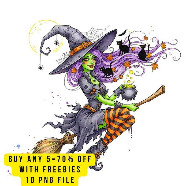 10 Halloween Witch Clipart PNG, Magical Witch With Pumpkin Broomstick ...