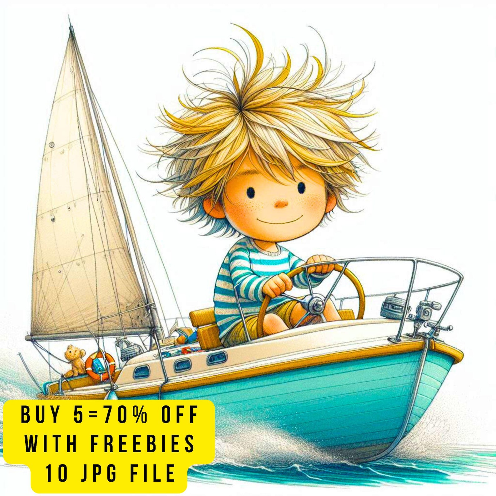 10 Cute Boy on Sailboat Clipart JPG, Nautical Boat Kid Summer Ocean ...
