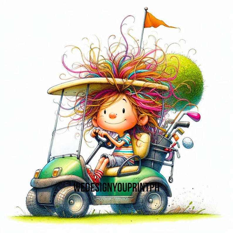 10 Whimsical Golf Girl Clipart JPG, Colorful Hair Quirky Girl Driving ...