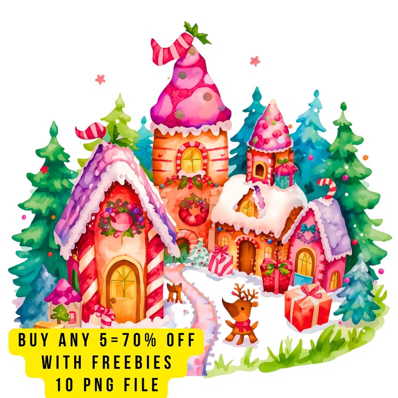 10 Candyland Christmas Village Clipart Set Bundle PNG, Winter Holiday ...
