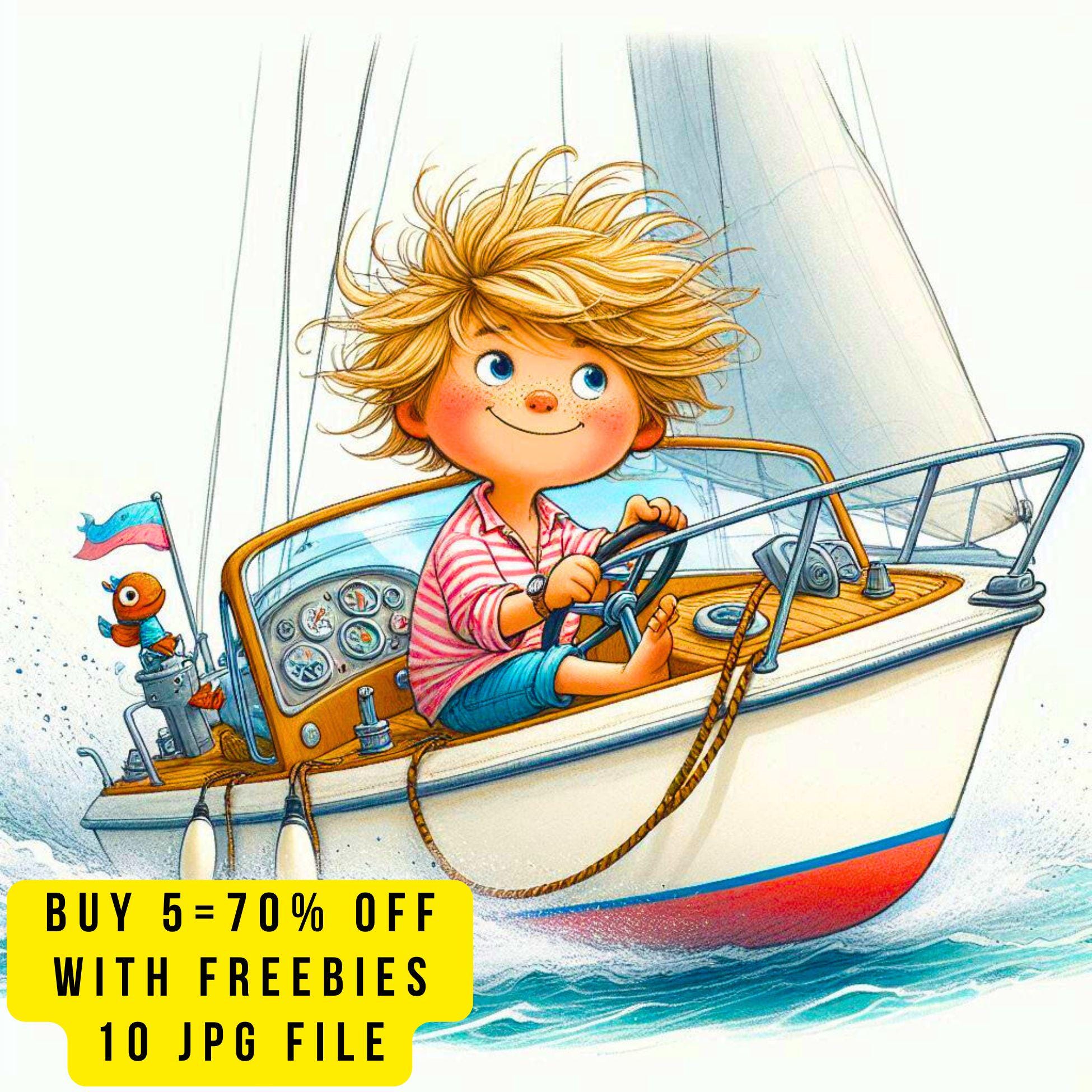 10 Cute Boy on Sailboat Clipart JPG, Nautical Boat Kid Summer Ocean ...