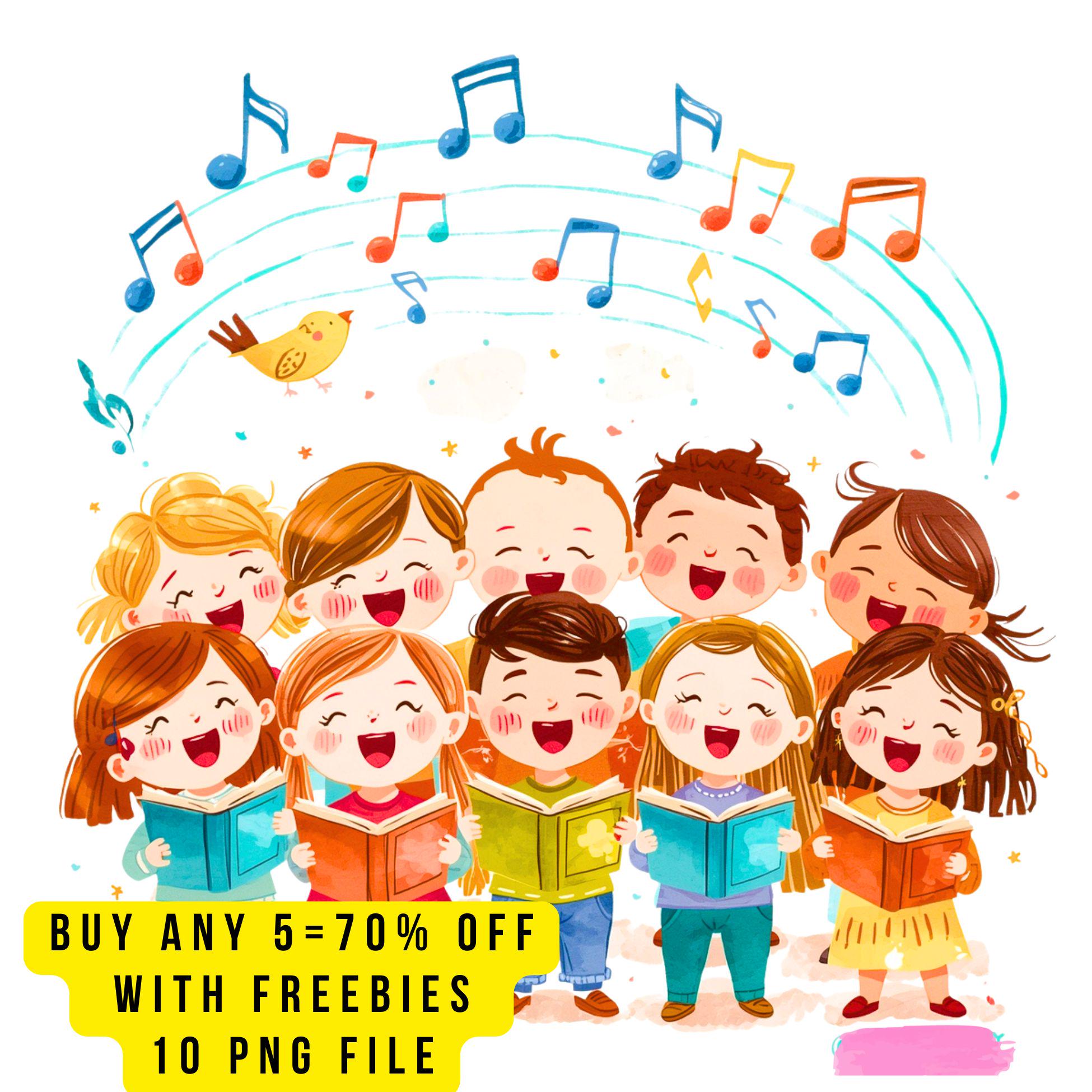 10 Kids Choir Singing Clipart, Children Music PNG Bundle Clip Art ...