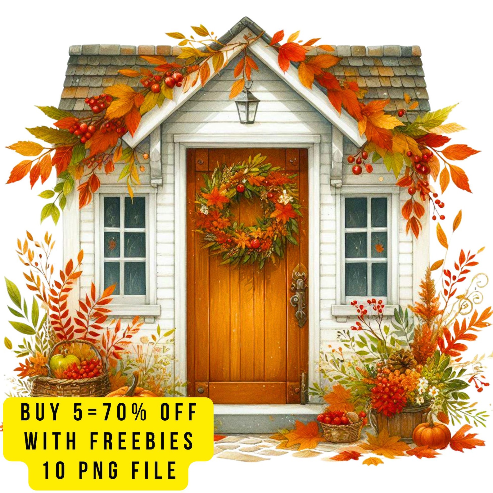 10 Rustic Fall House Clipart PNG, Autumn Cottage Front Porch, Fall ...
