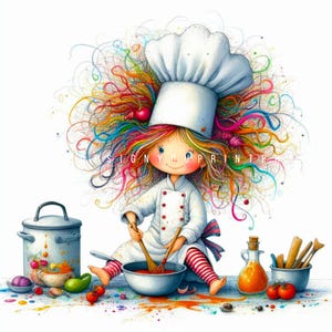 10 Cute Quirky Chef Girl Clipart JPG, Colorful Hair Little Chef Cook ...