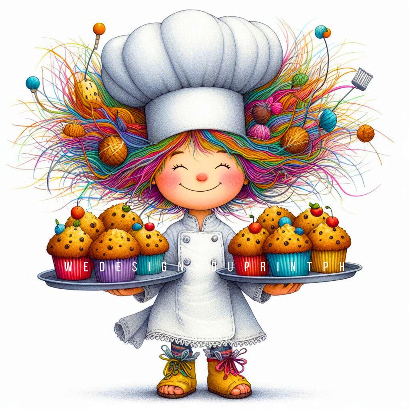 10 Cute Quirky Chef Girl Clipart JPG, Colorful Hair Little Muffins Chef ...