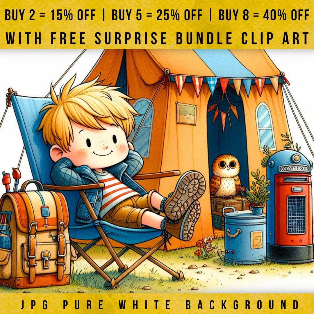 10 Quirky Boy Summer Camping Clipart Blonde Hair JPG, Cute Boy Camping ...