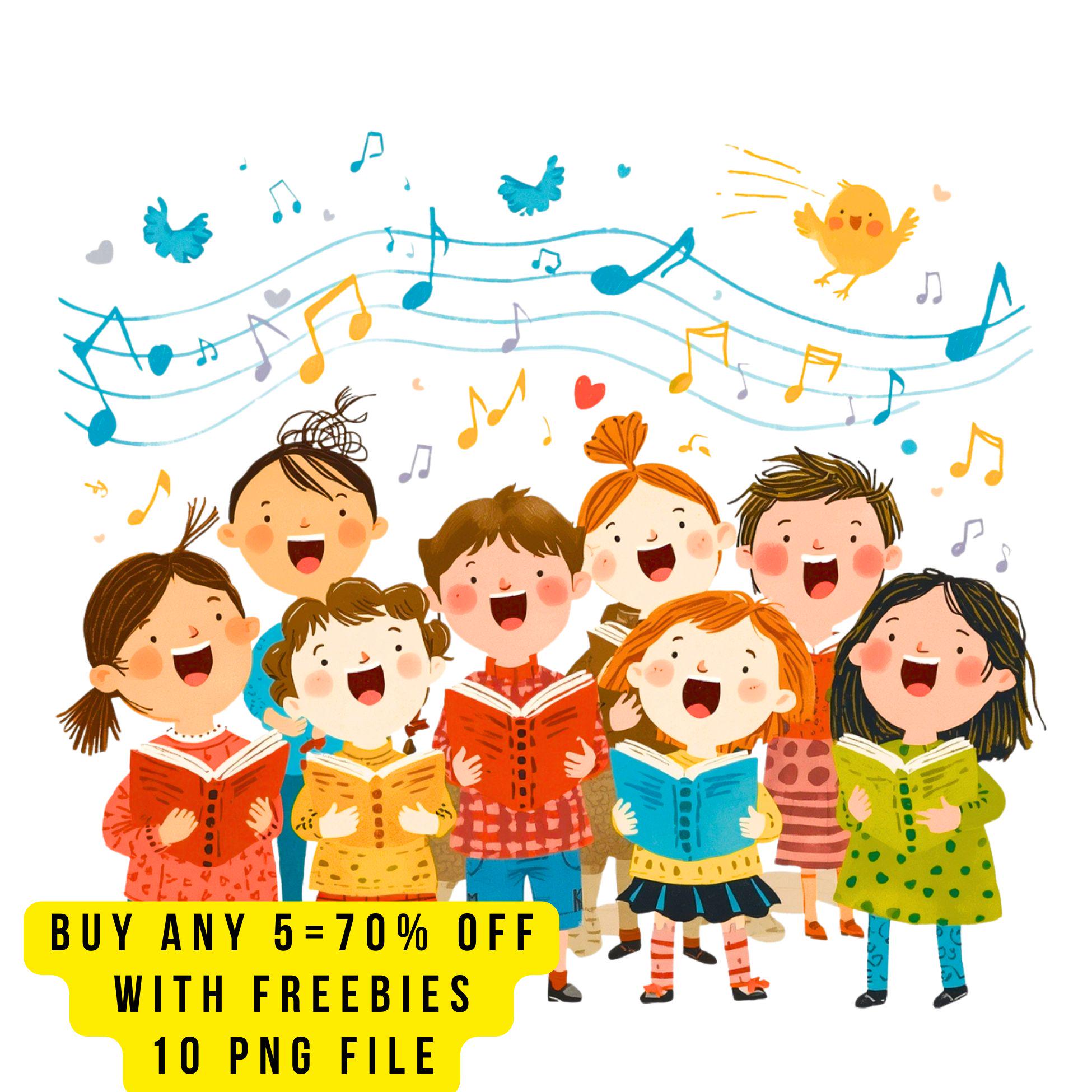 10 Kids Choir Singing Clipart, Children Music PNG Bundle Clip Art ...