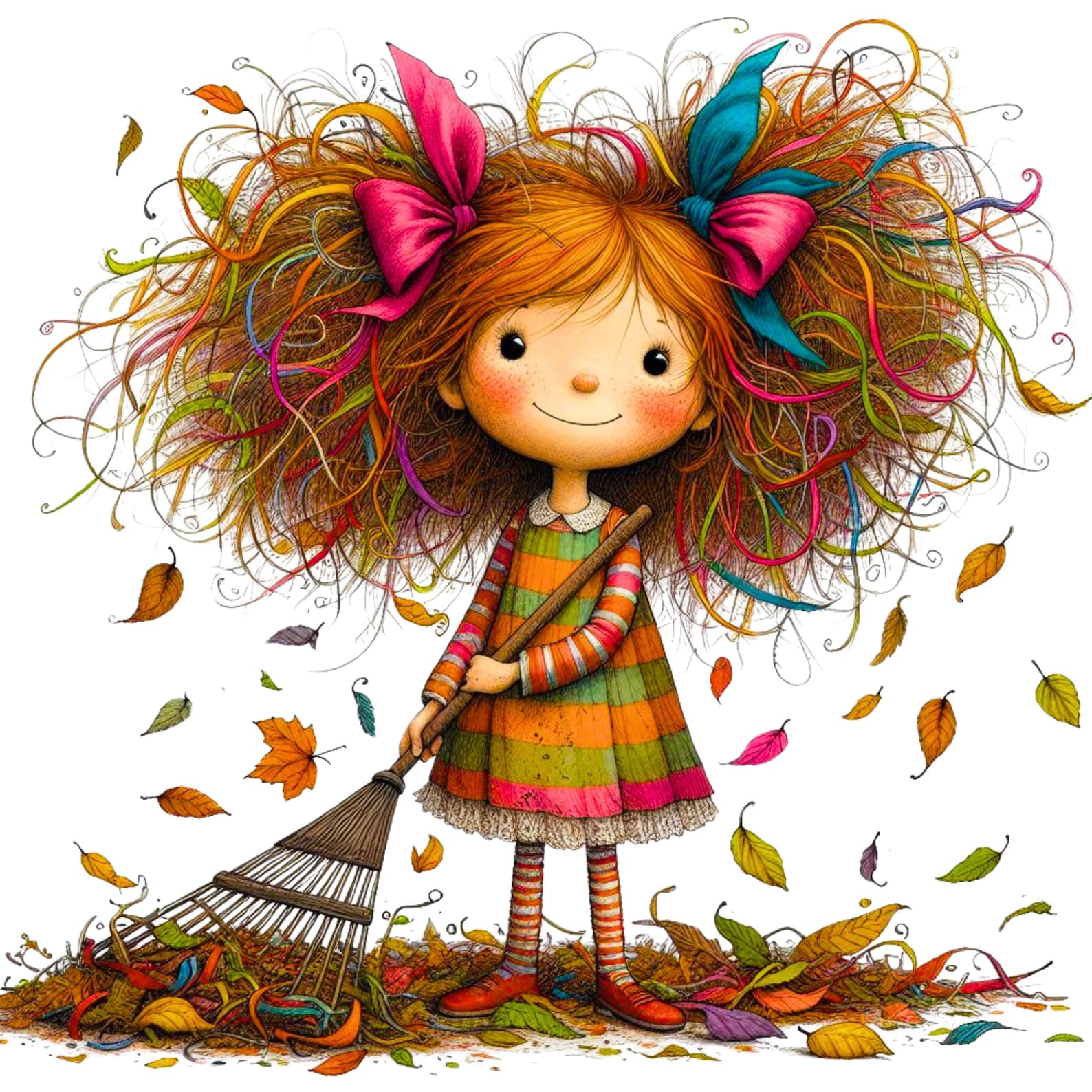 10 Cute Autumn Quirky Girl Raking Leaves Clipart JPG, Fall Cleaning ...