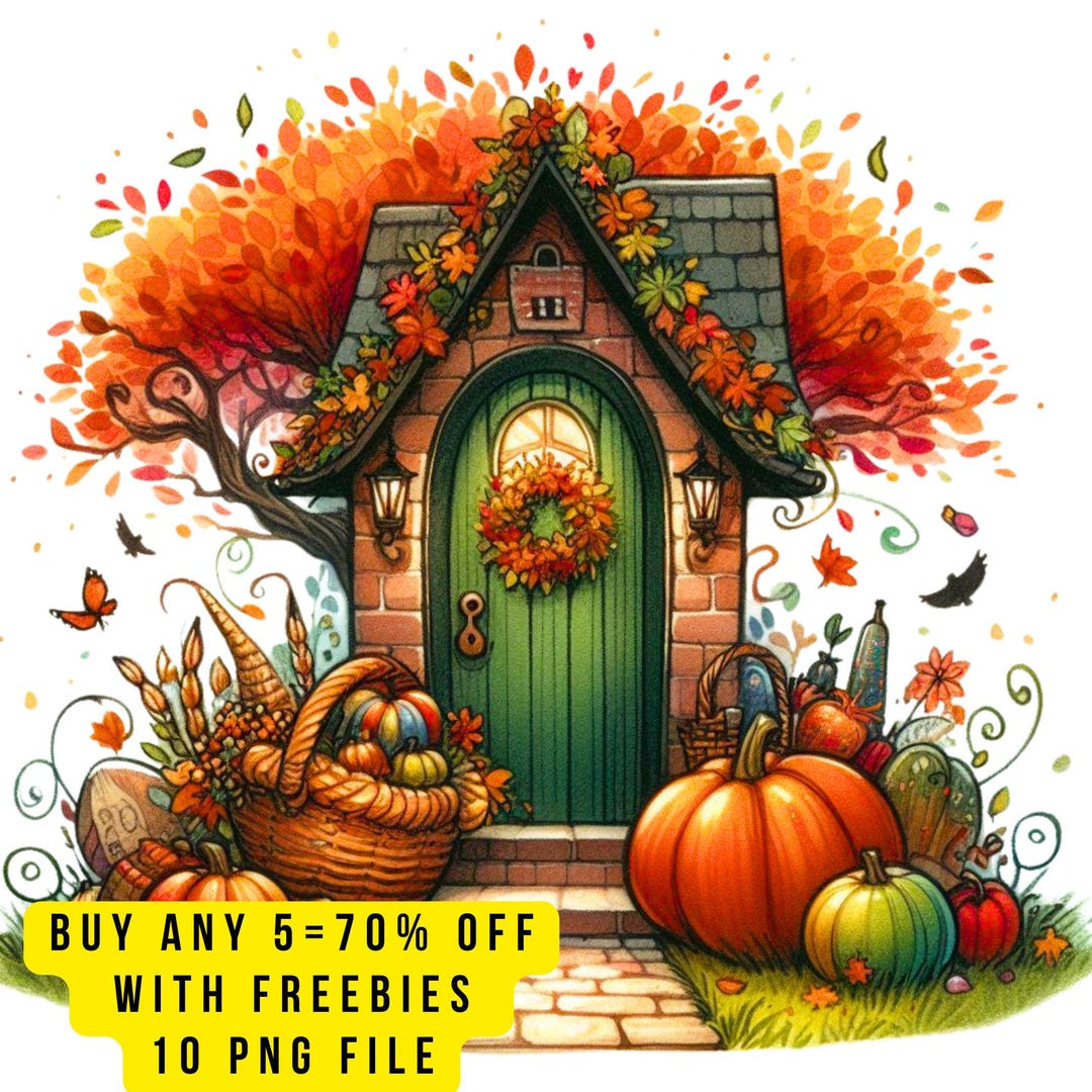 10 Fall Pumpkin Cottage Clipart PNG, Autumn Harvest House Clip Art ...