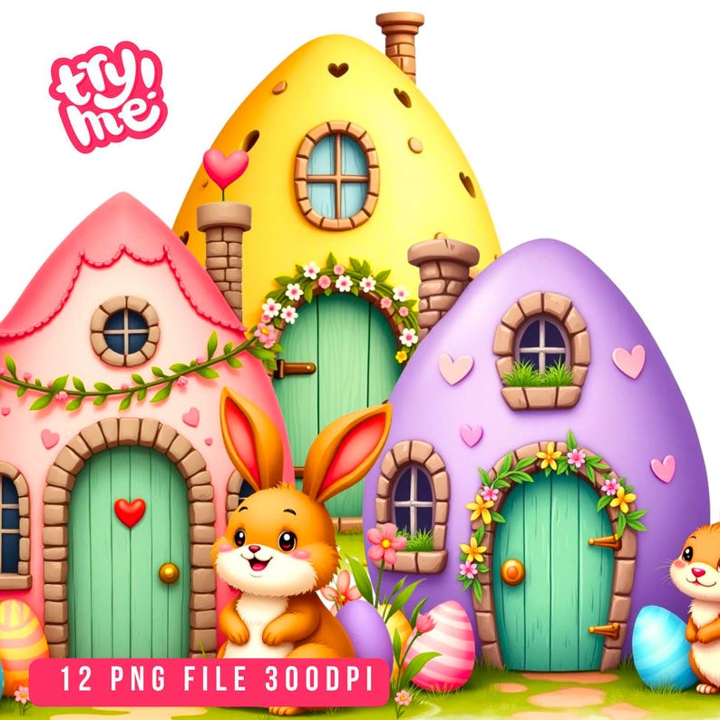 12 Cute Easter Bunny Houses Clipart PNG, Pastel Fairy Egg Homes Clip ...
