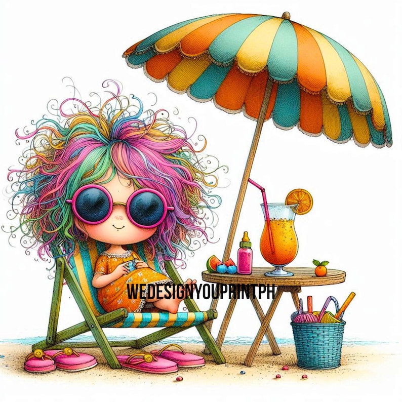 10 Summer Quirky Girl Clipart JPG, Colorful Hair Beach Girl Clip Art ...