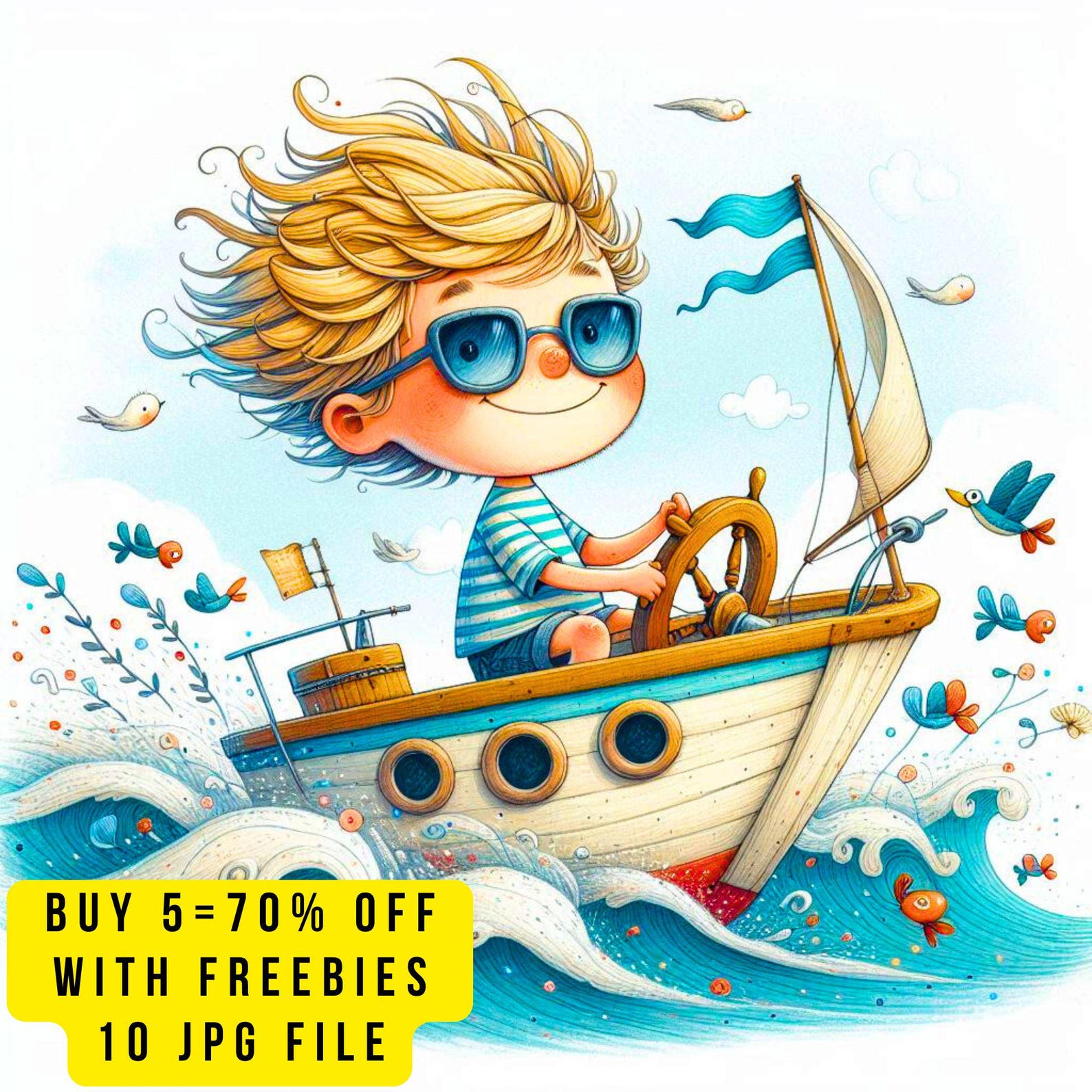10 Cute Boy on Sailboat Clipart JPG, Nautical Boat Kid Summer Ocean ...