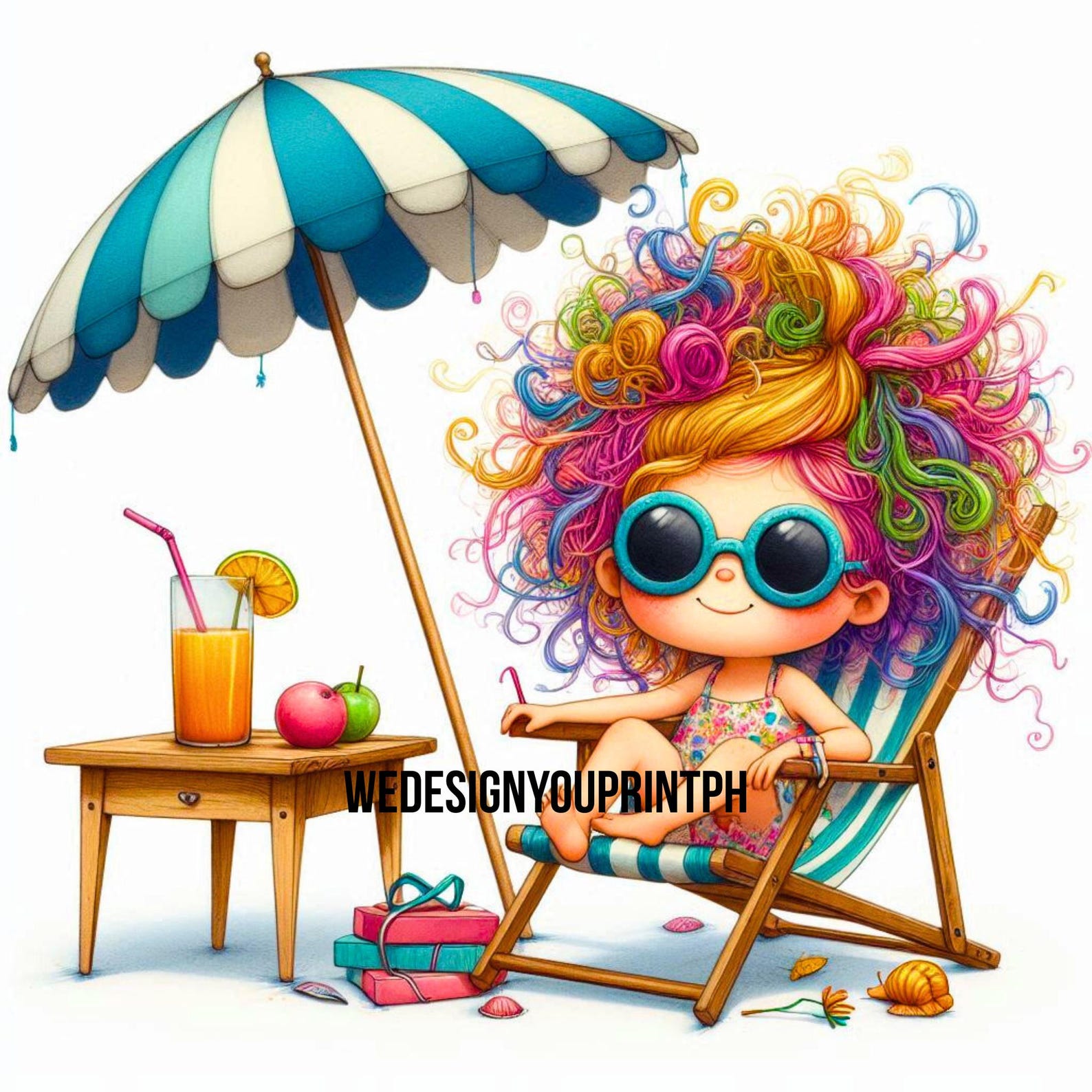10 Summer Quirky Girl Clipart JPG, Colorful Hair Beach Girl Clip Art ...
