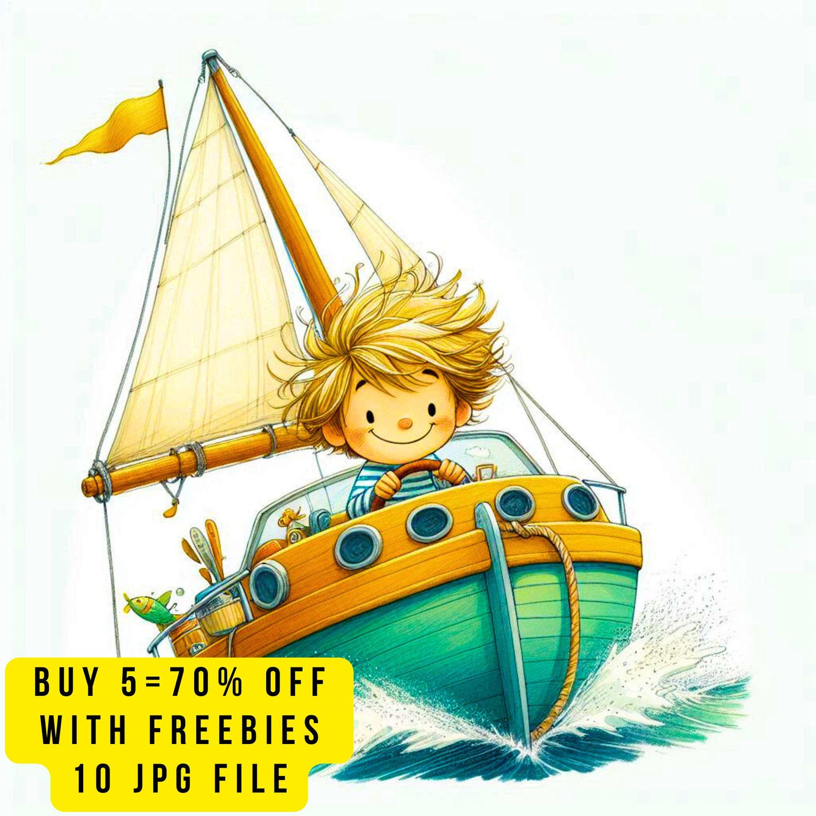 10 Cute Boy on Sailboat Clipart JPG, Nautical Boat Kid Summer Ocean ...
