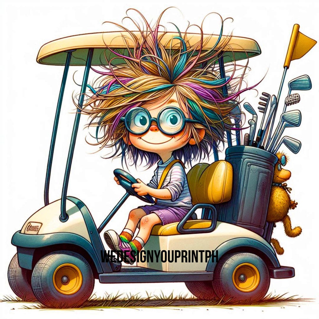 10 Whimsical Golf Girl Clipart JPG, Colorful Hair Quirky Girl Driving ...
