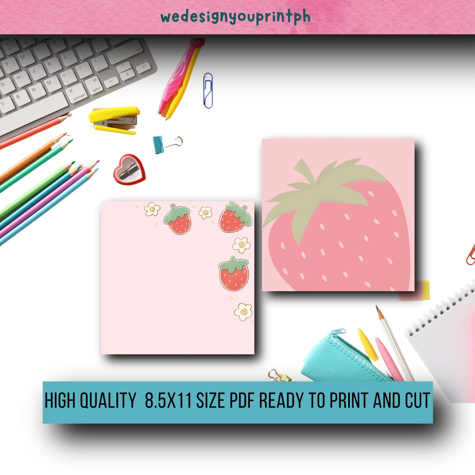 Strawberry Instant Download Printable Memo Pad Set | Pink Printable ...