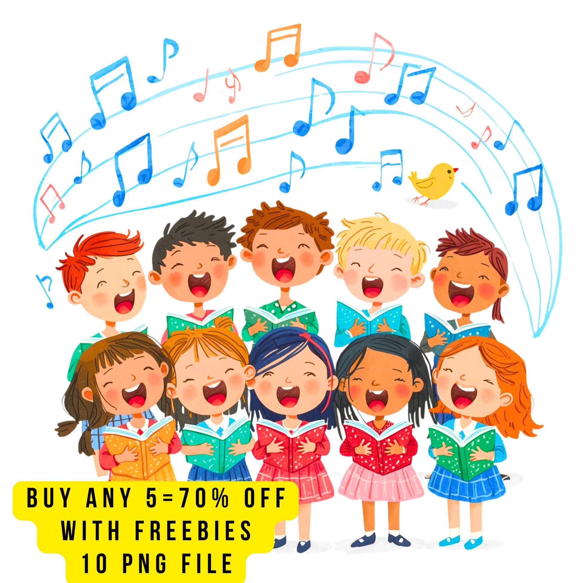 10 Kids Choir Singing Clipart, Children Music PNG Bundle Clip Art ...