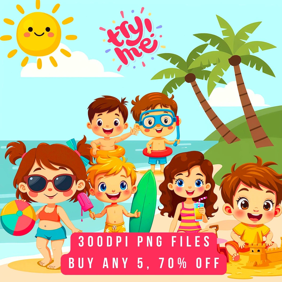 Summer Beach Kids Clipart Bundle PNG, Cute Tropical Children Cartoon ...