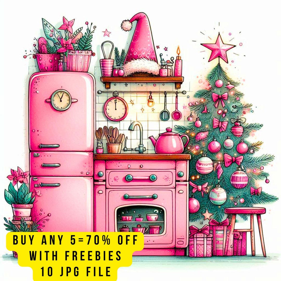 10 Pink Christmas Kitchen Clipart JPG Bundle, Cozy Holiday Clip Art ...