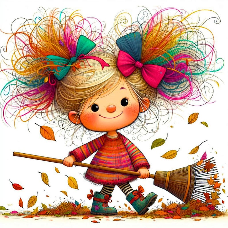10 Cute Autumn Quirky Girl Raking Leaves Clipart JPG, Fall Cleaning ...