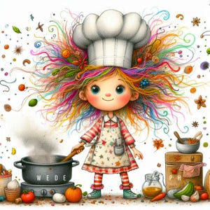 10 Cute Quirky Chef Girl Clipart JPG, Colorful Hair Little Chef Cook ...