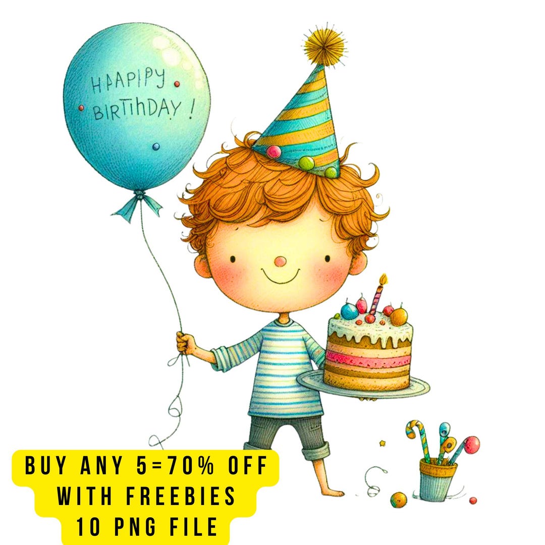 10 Cute Birthday Boy Clipart PNG, Watercolor Party Hat Balloon Cake ...