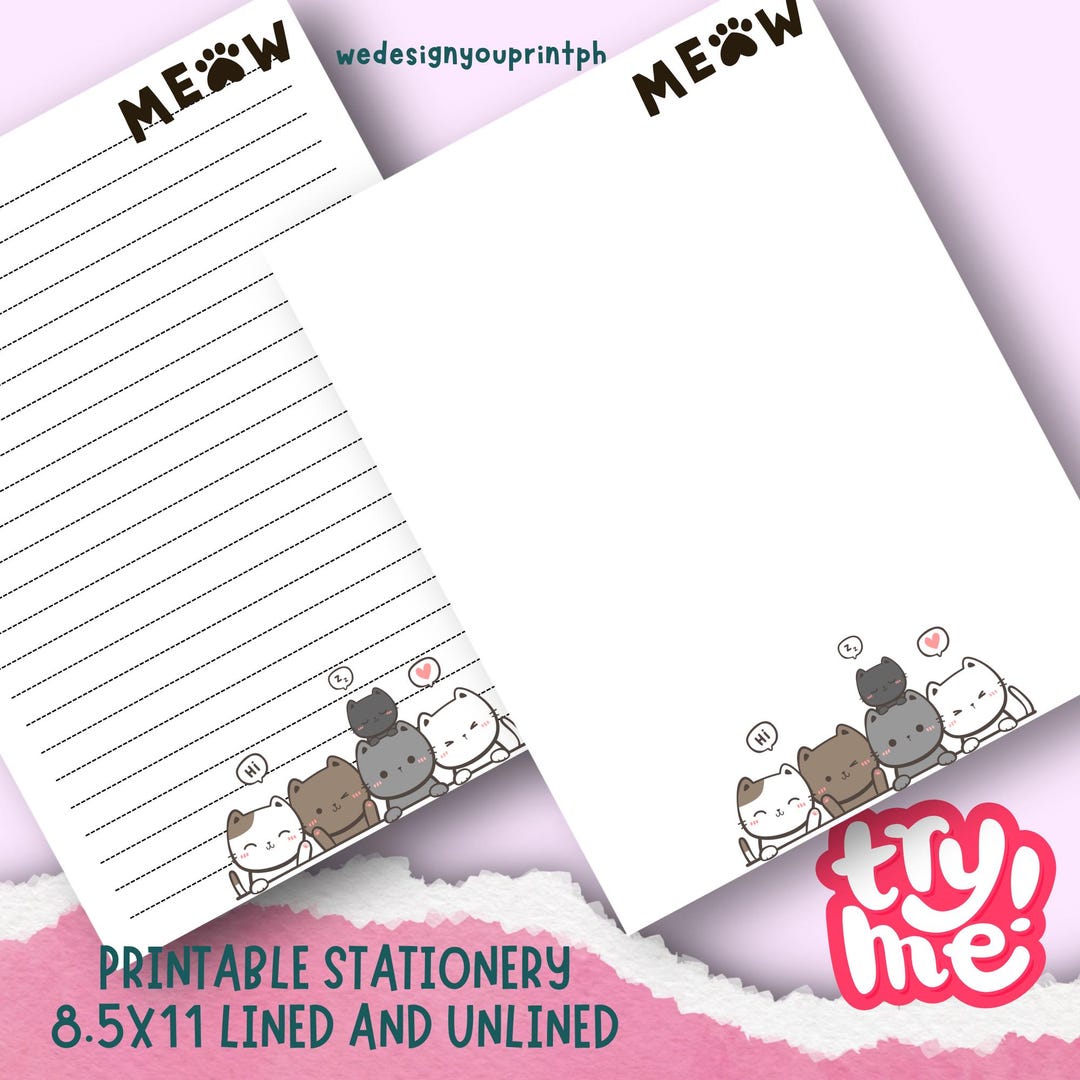 Printable Cat Stationery Paper | Lined & Unlined Writing Paper | Cute ...