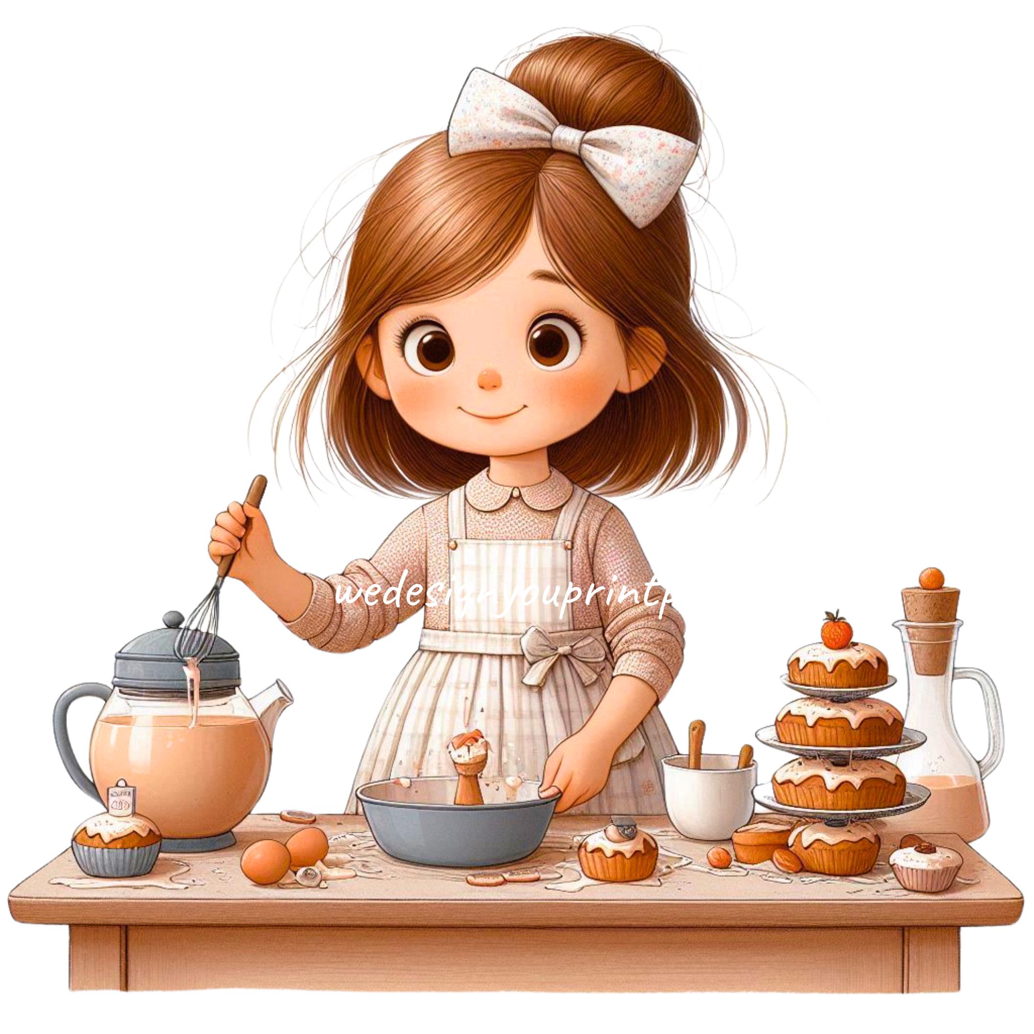 10 Cute Girl Baker Baking Clipart, Cute Chef Girl, Colorful Kitchen ...