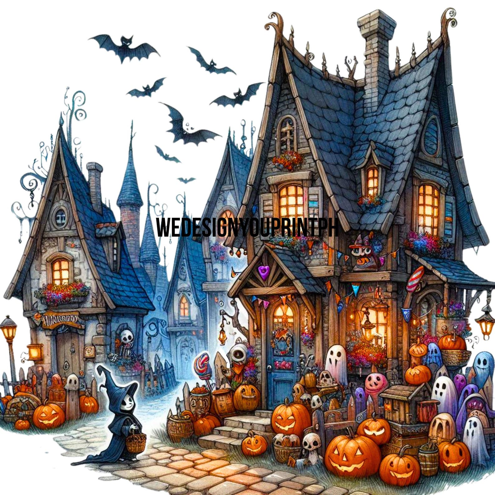 10 Halloween Haunted Town Village Clipart JPG, Spooky Houses Clip Art ...