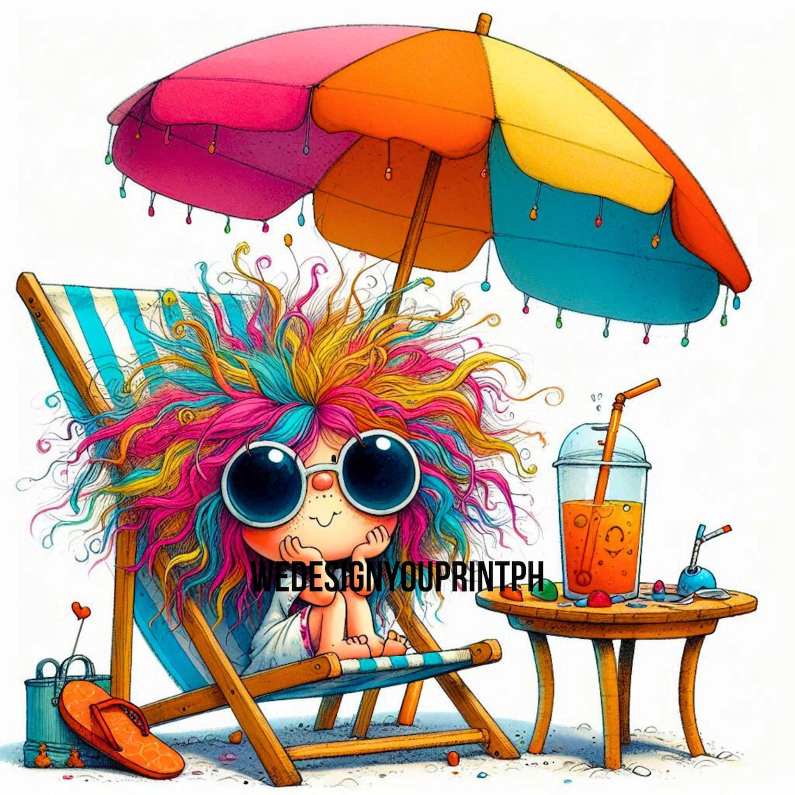 10 Summer Quirky Girl Clipart JPG, Colorful Hair Beach Girl Clip Art ...