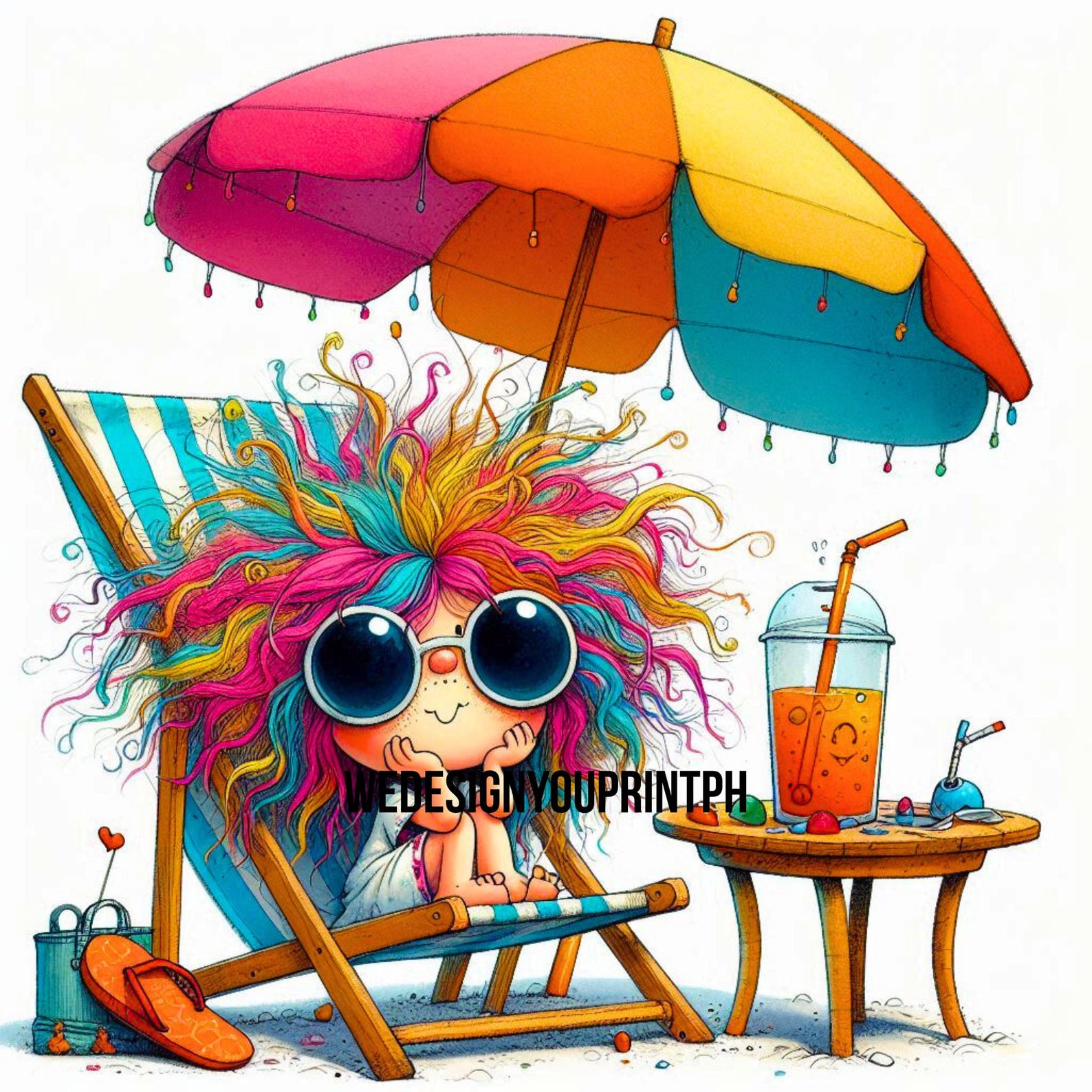 10 Summer Quirky Girl Clipart JPG, Colorful Hair Beach Girl Clip Art ...
