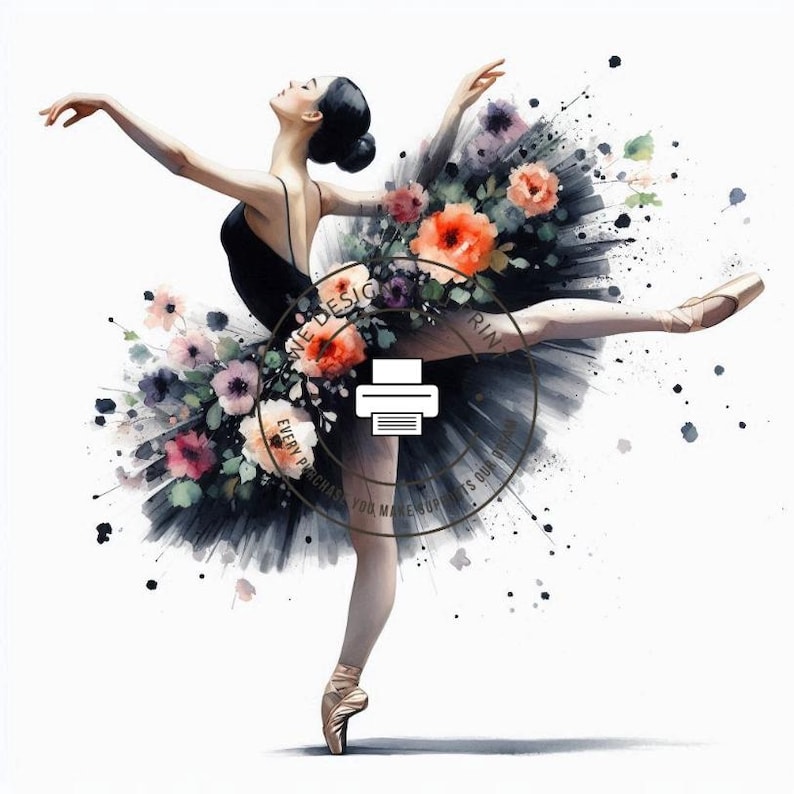 10 Elegant Floral Ballerina Clipart JPG| Elegant Ballet Dancer | Black ...