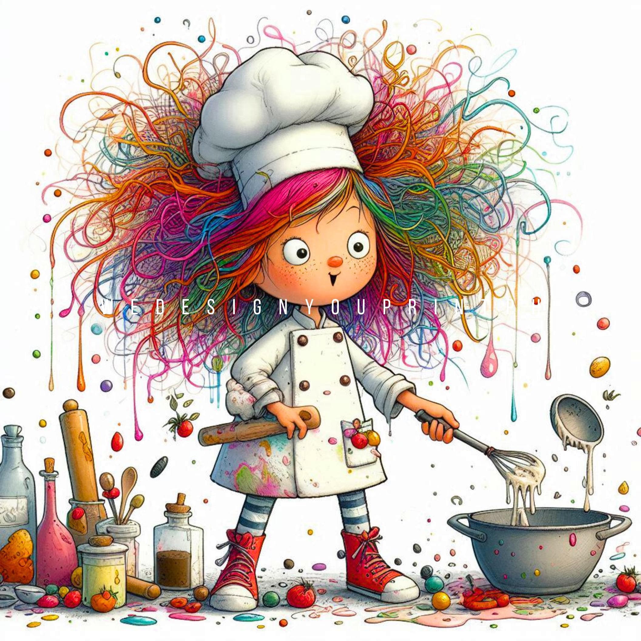 10 Cute Quirky Chef Girl Clipart JPG, Colorful Hair Little Chef Cook ...