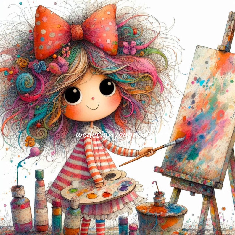10 Quirky Cute Girl Painter Clip Art JPG, Colorful Artist Kid ...
