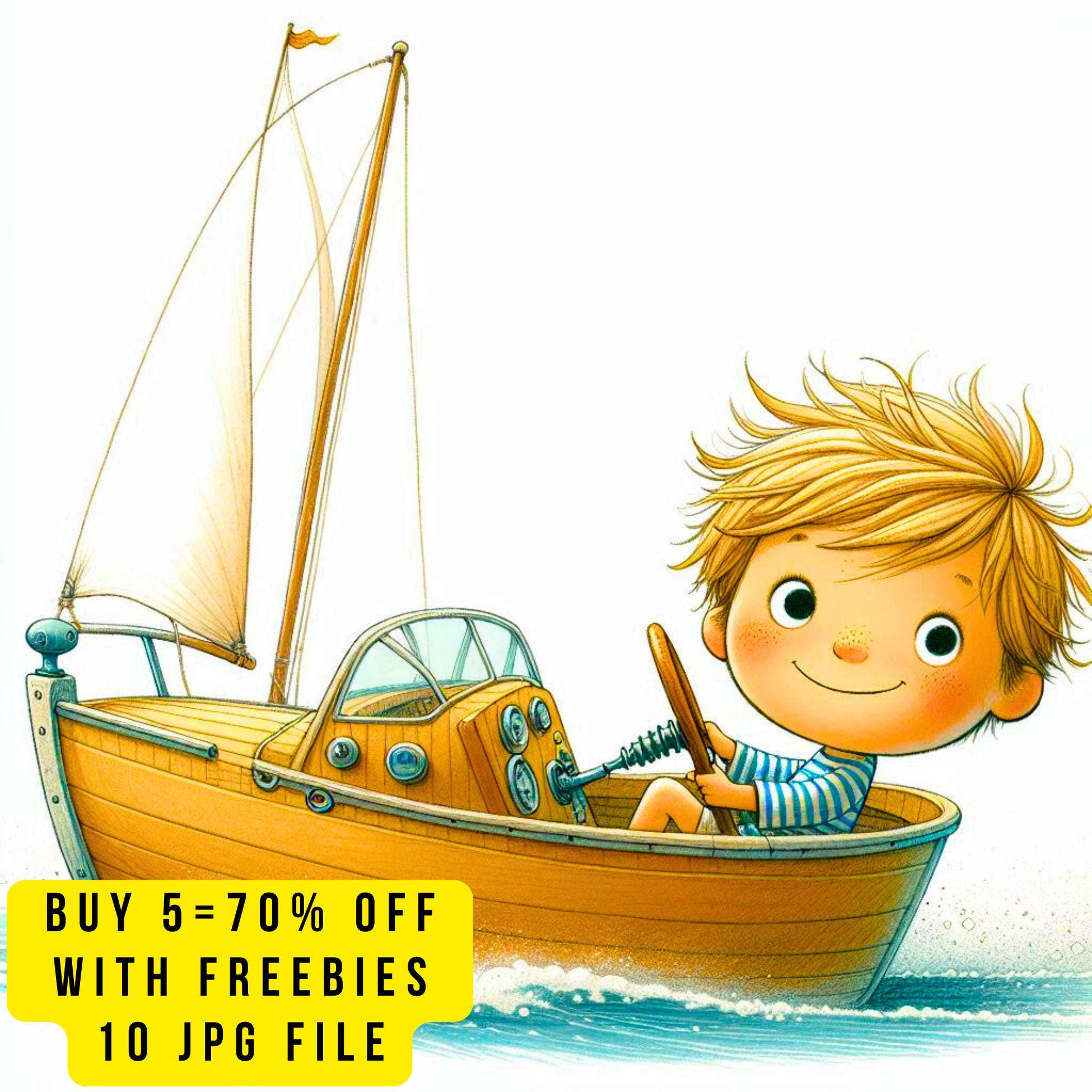 10 Cute Boy on Sailboat Clipart JPG, Nautical Boat Kid Summer Ocean ...